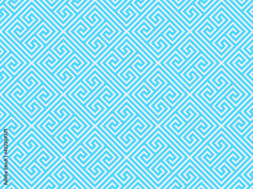 Diagonal Greek Key style repeating pattern in turquoise blue on a light ...