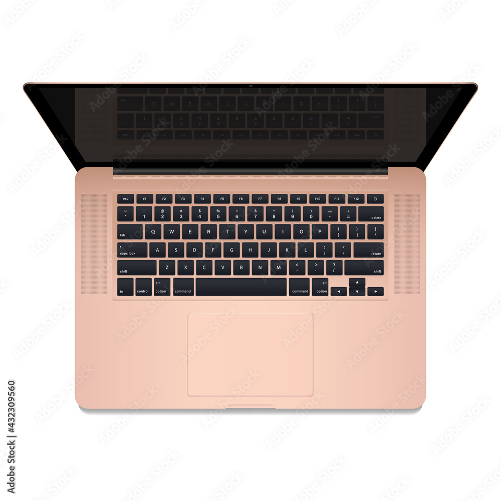 Realistic Gold Laptop Computer, Top down view, Keyboard, reflection on ...