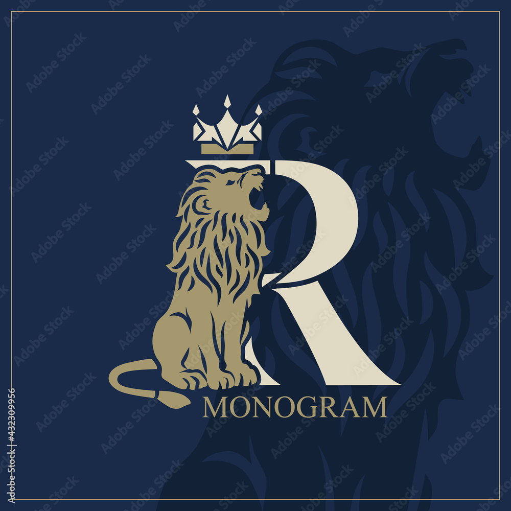 Letter R with Roaring Lion. Artistic Design. Crown is at the Top ...