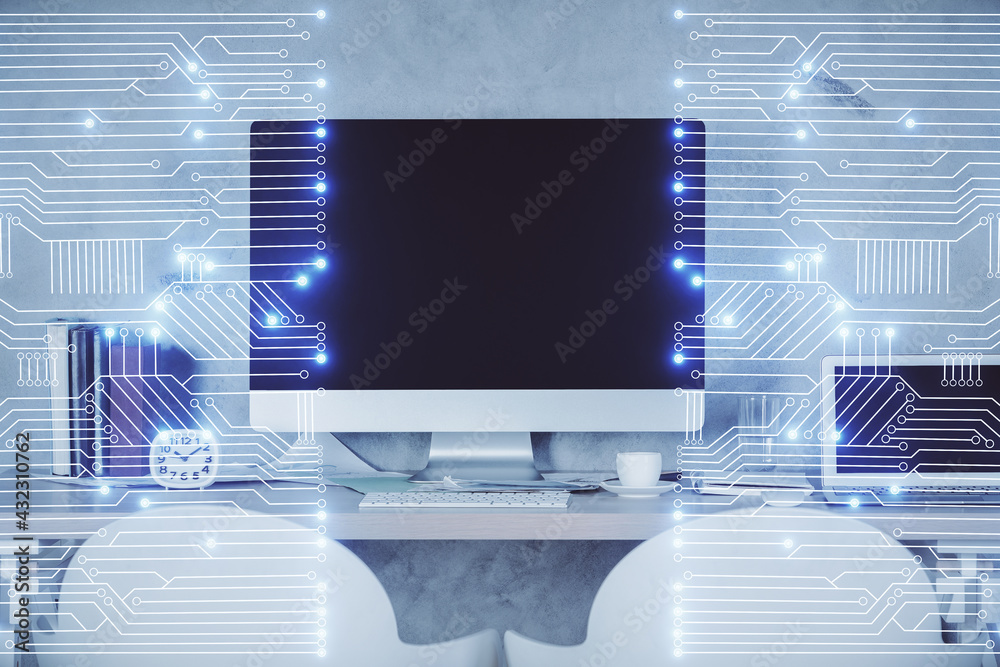 Double exposure of tech theme drawings and office interior background ...