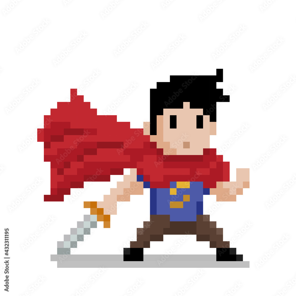 Pixel hero character image, for 8 bit games. Vector illustration of a ...