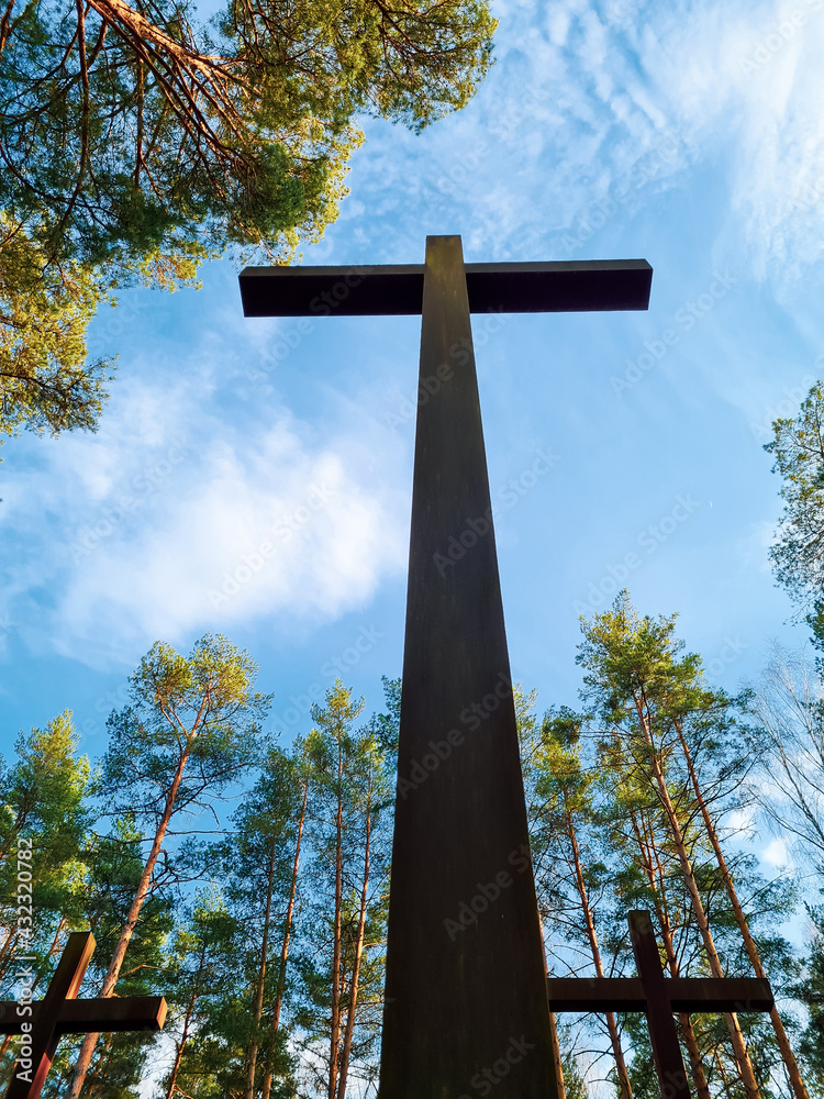 High crosses among the trees at Polish military cemetery. Memorial to ...