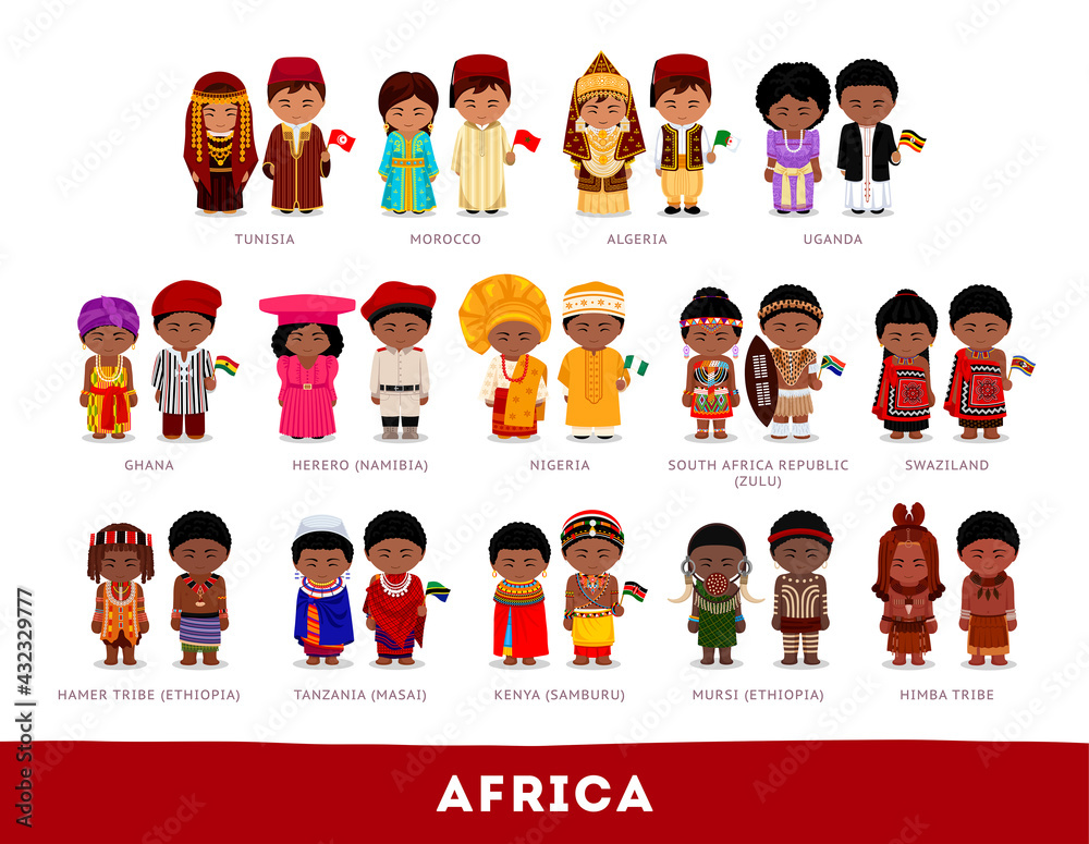Vecteur Stock Africans in national clothes. Africa. Set of cartoon ...