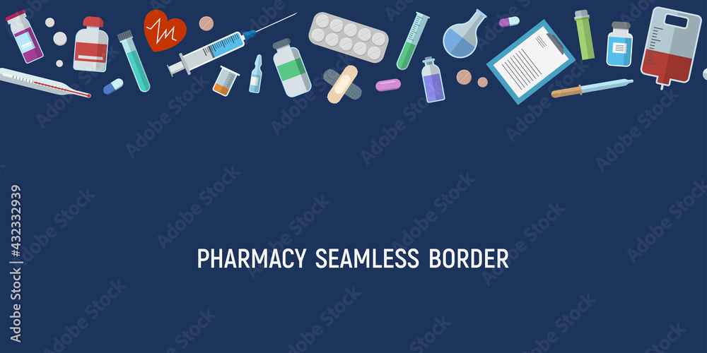 Seamless horizontal border pattern with medical items. Health care ...