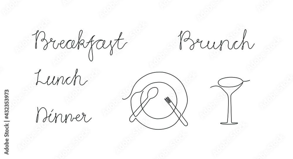Continuous line drawing text - Breakfast, Lunch, Dinner, Brunch. With ...