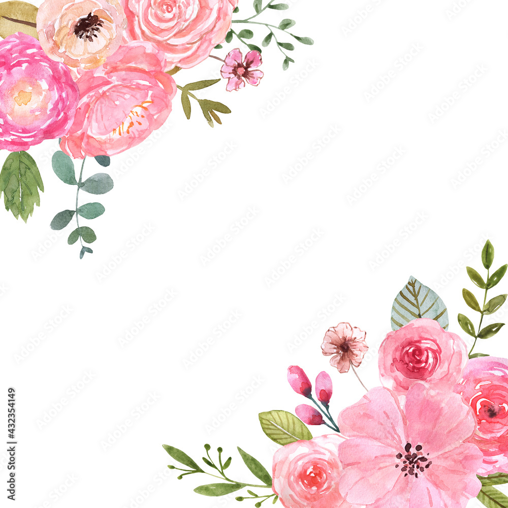 Watercolor pretty floral border filled with cute pink flowers and green ...
