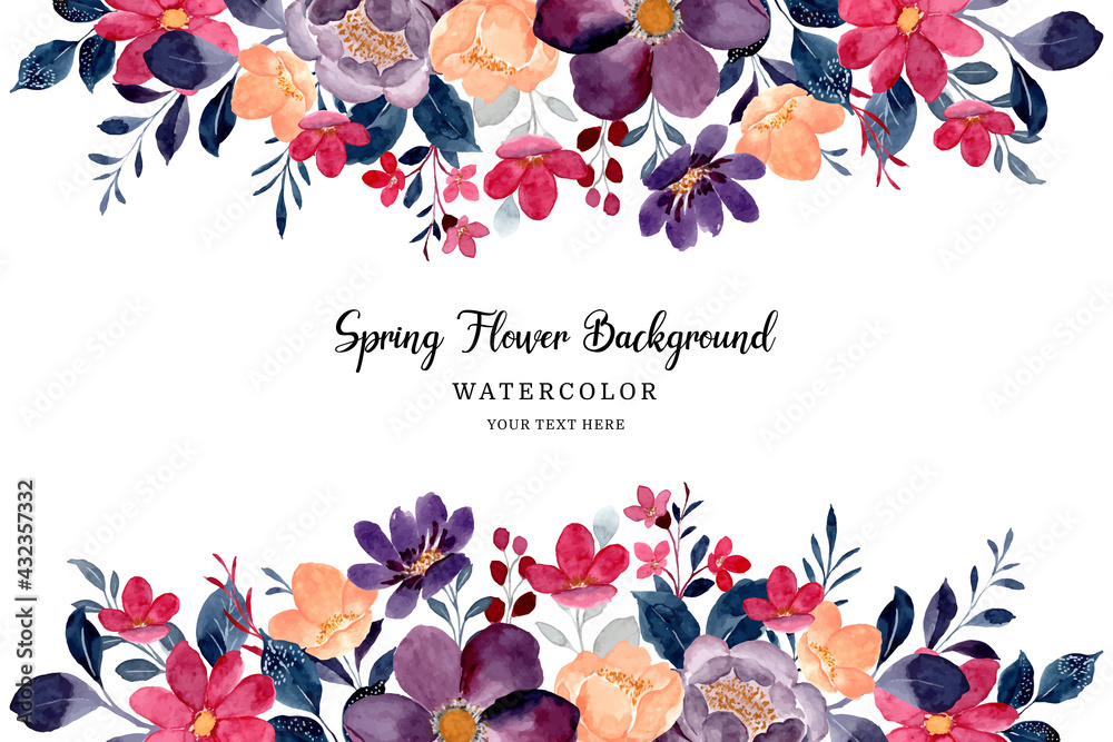 Spring flower frame background with burgundy flowers watercolor Stock ...