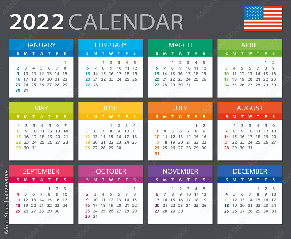 2022 Calendar - vector stock illustration. English American version ...