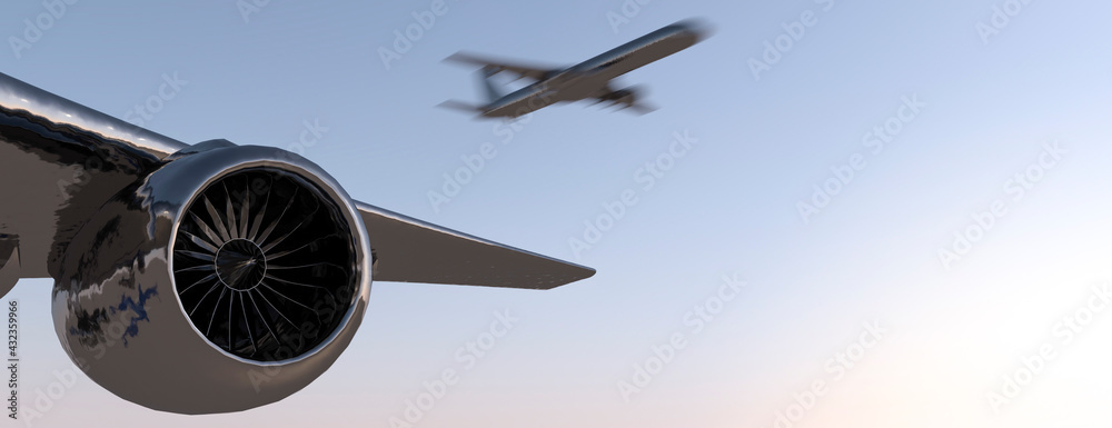 Aircraft jet engine and wing on a clear day with a commercial jet ...