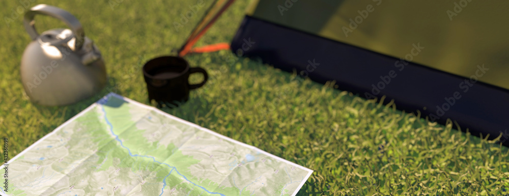 Using a map to plan a day out while camping on a summers day 3d render ...