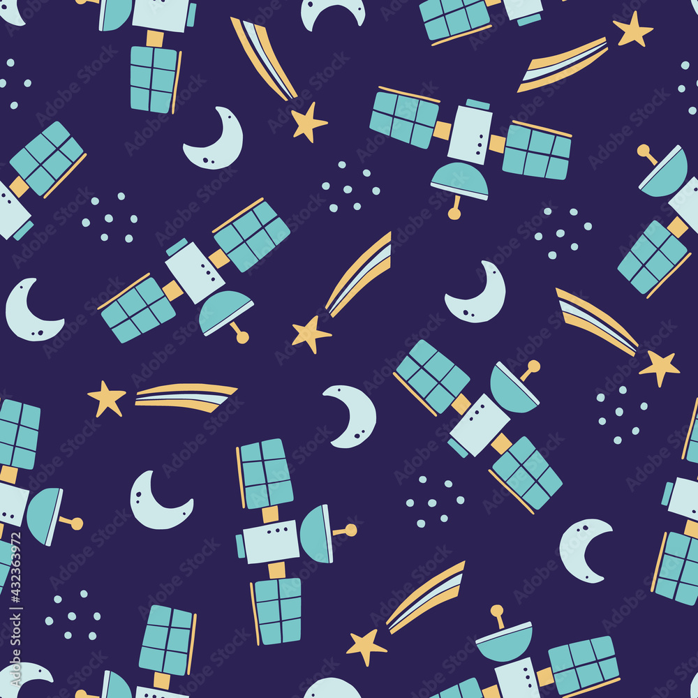Cute childish seamless pattern of space elements, moon, star, satellite ...
