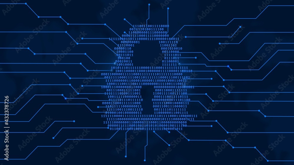 Safety technology concept - closed padlock stylized built of binary code between information ...