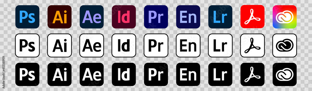 Vecteur Stock Adobe Product Icon Set: Illustrator, Photoshop, InDesign, Premiere Pro, After ...