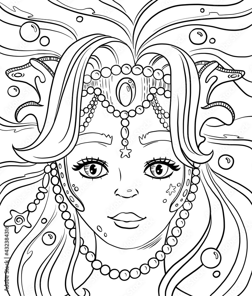 Coloring page with mermaid. Line art design for adults or children ...