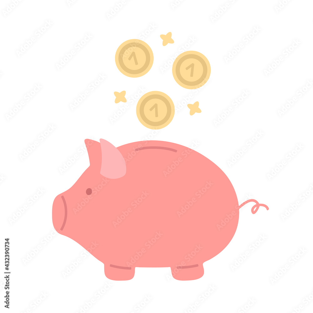 Cute cartoon vector illustration with pig money box and golden coins ...