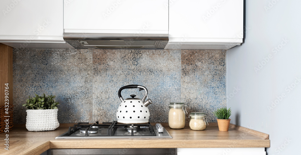 Modem Kitchen with white furniture and wooden countertop and stylish ...