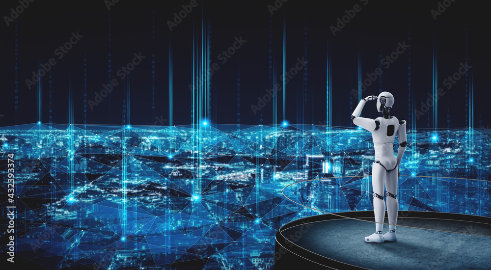 3D illustration robot humanoid looking forward against cityscape ...