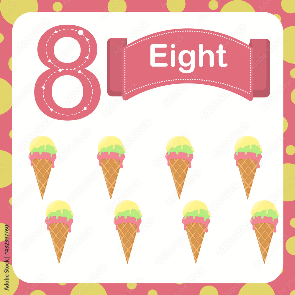 vector illustration of a children's card with number eight. The ...
