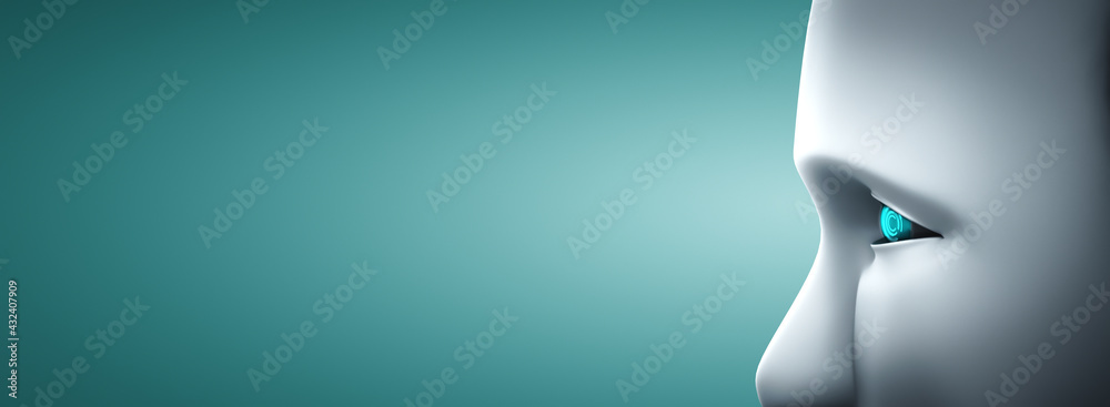 Ilustrace „Robot humanoid face and eyes close up view 3D rendering. AI ...