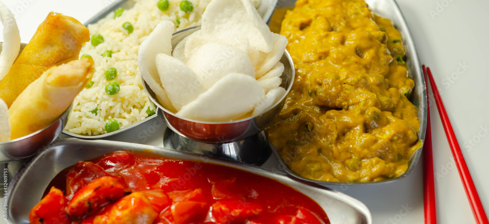 Chinese set, chicken curry, sweet and sour chicken served with egg ...