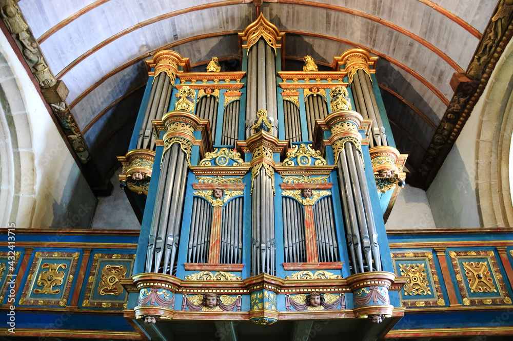 Beautiful organ in parish church in Pleyben. Brittany, France. Parish ...