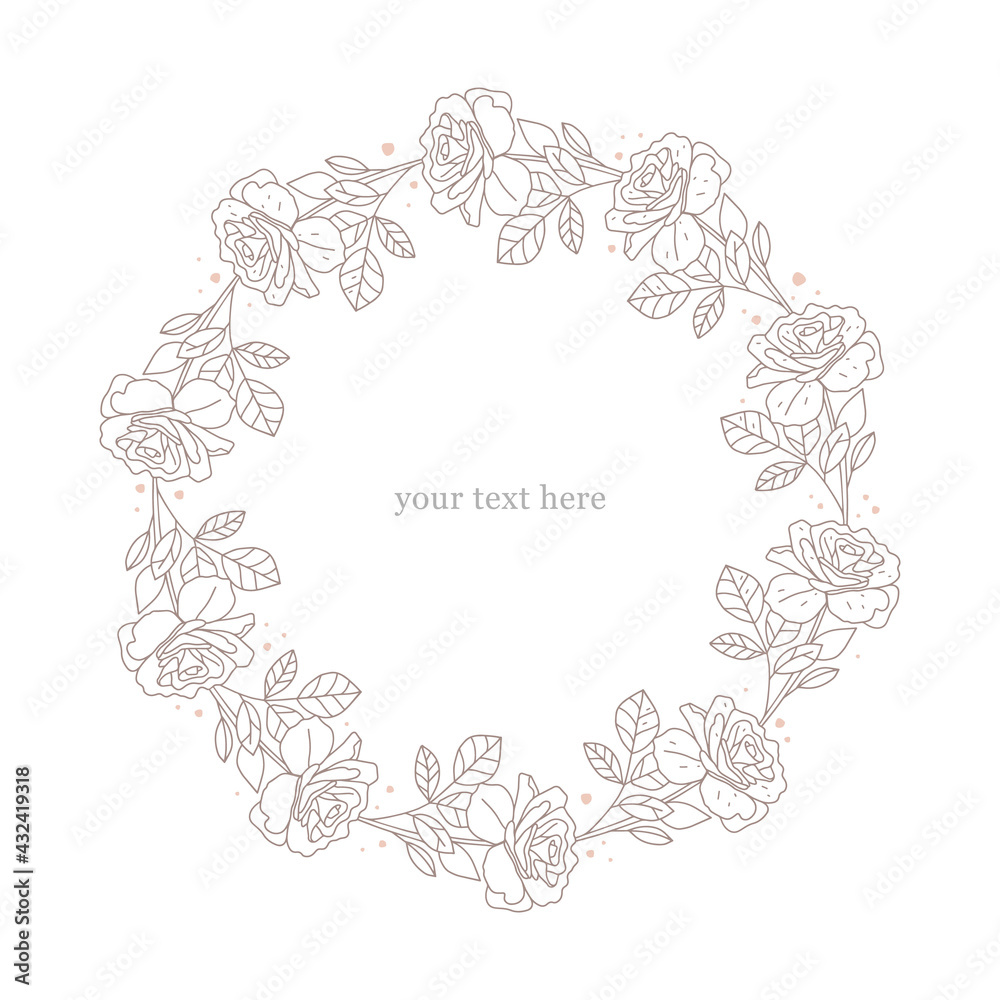 Round floral frame. Minimal outline drawing and dots. Rosebush, flowers ...