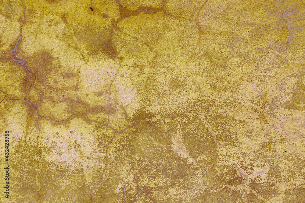 Texture of the lemon yellow stucco wall with scratches, cracks, dust ...