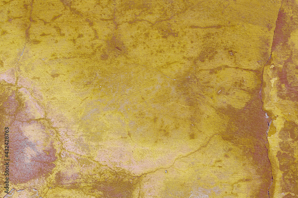 Texture of the lemon yellow stucco wall with scratches, cracks, dust ...
