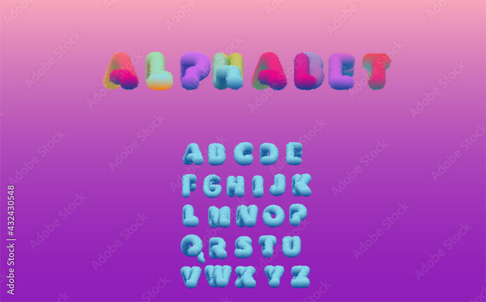 English fluffy alphabet in 3d style. Creative vector font design. A ...