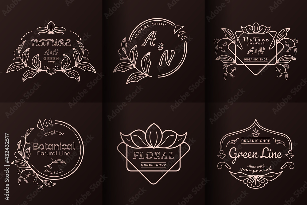 Logo design collection. Linear floral design elements. Nature product ...