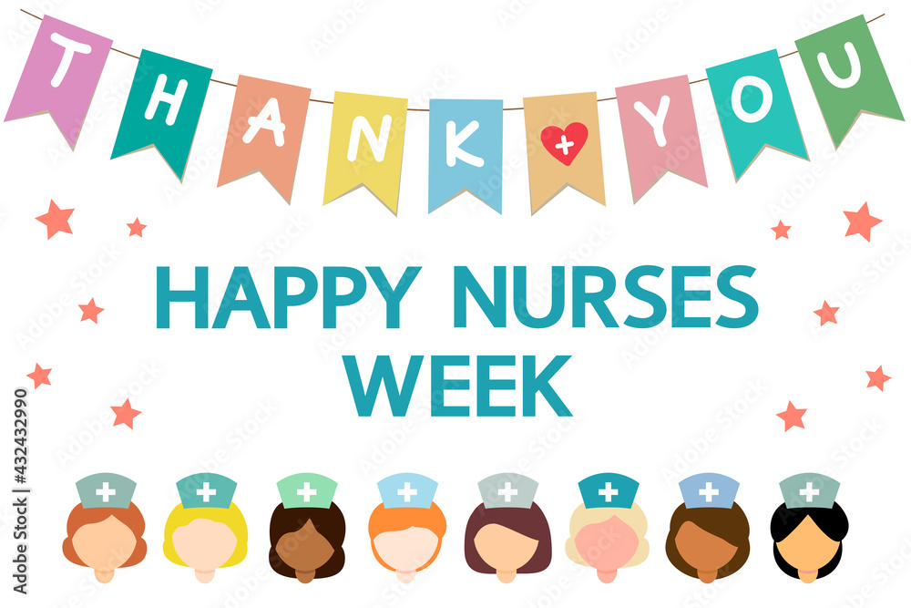 Happy Nurses Week medical concept on white. Garland of colored flags ...