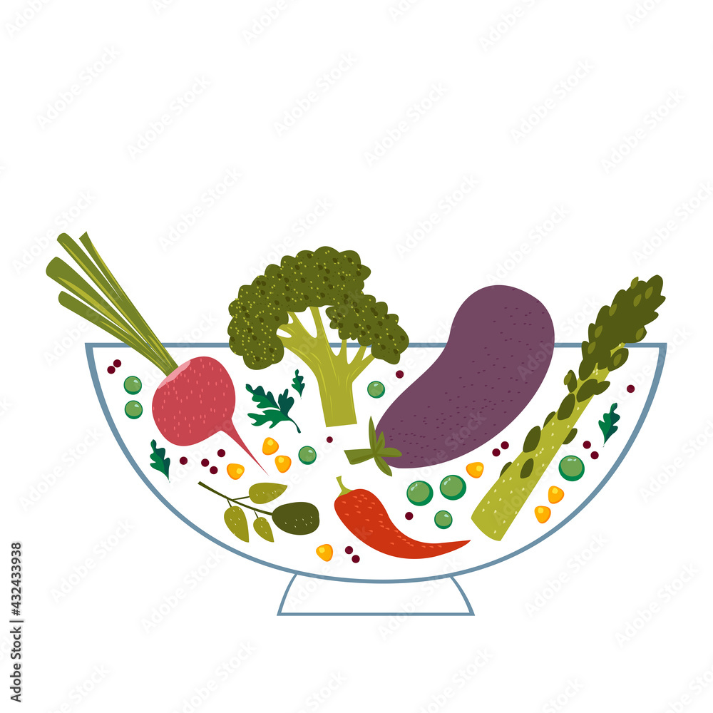 Vegetables in a transparent bowl. Vector illustration on white ...