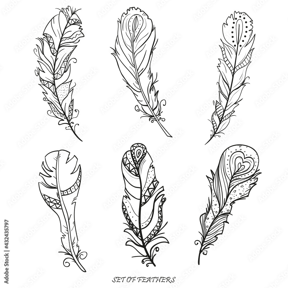 Feathers. Design Zentangle. Hand drawn feathers with abstract patterns ...