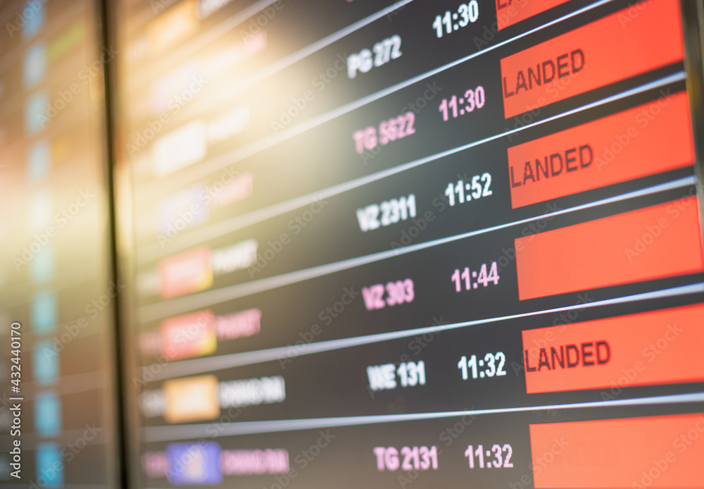 Airport flight information board or display and on time status ...