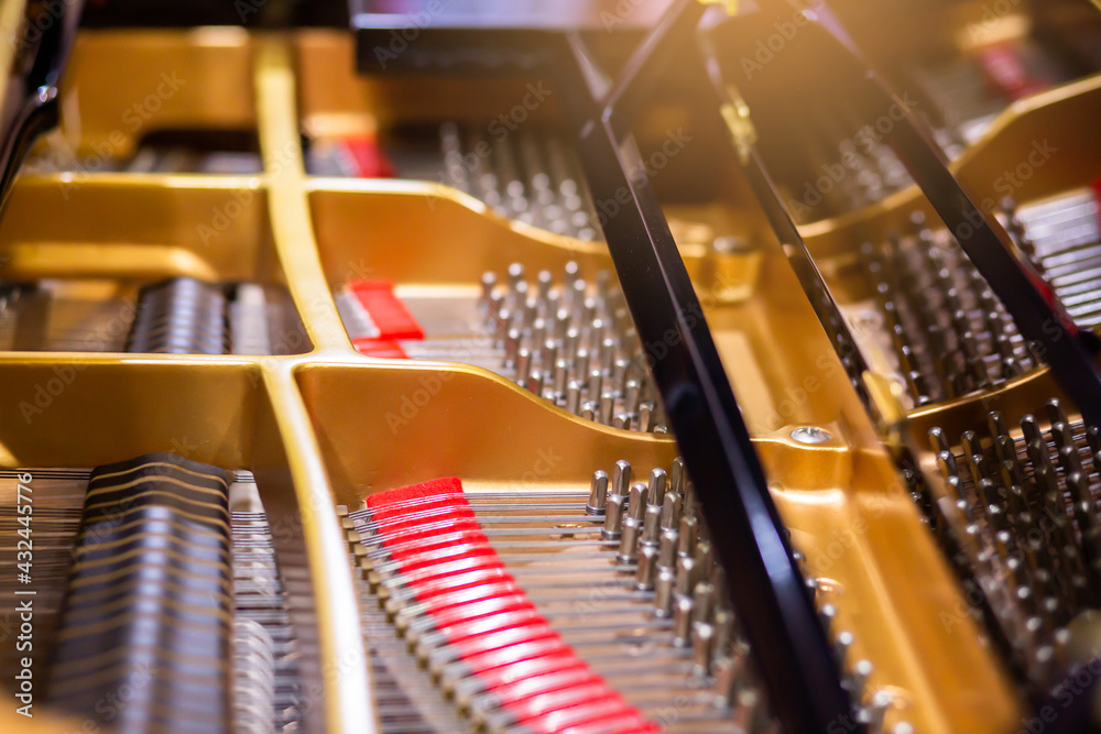 selective focus to Inside a grand piano. Interior of a grand piano ...