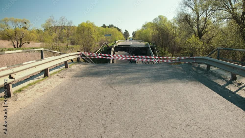 Vidéo Stock Flood damaged closed highway road, bridge. Cracked asphalt ...