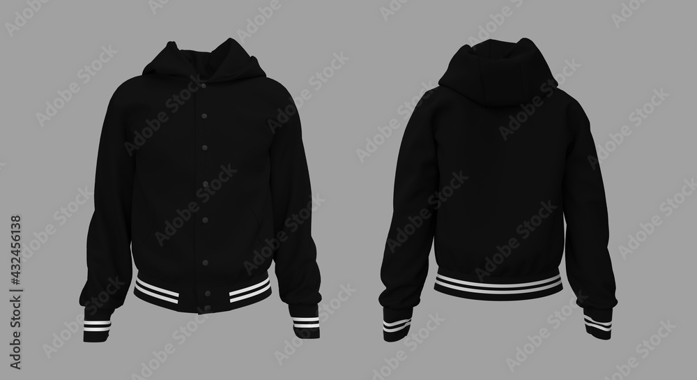 Hooded jacket mockup in front, side and back views. 3d illustration, 3d ...