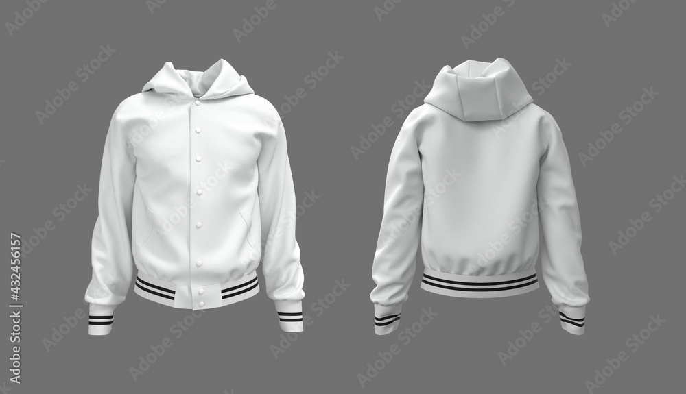 Hooded jacket mockup in front, side and back views. 3d illustration, 3d ...