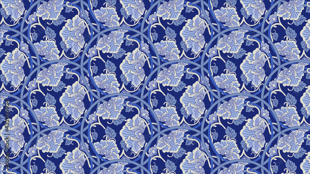 Indigo Blue Floral Pattern with Complex Circle in Thai Vintage Style ...
