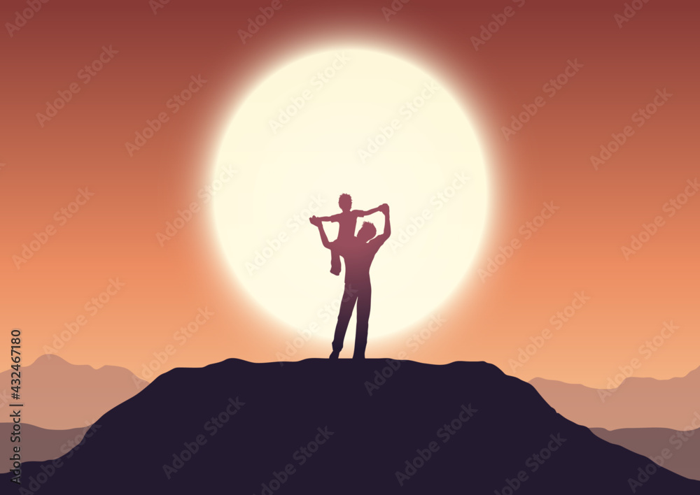 Fathers day background with dad and son in sunset landscape Stock ...
