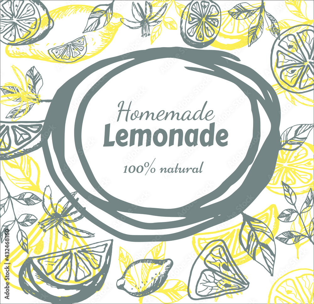 Hand drawn frame of lemons and lemonade. Yellow whole lemons and slices ...