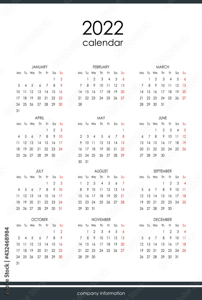 2022 calendar template. Simple black and white design. Week starts ...