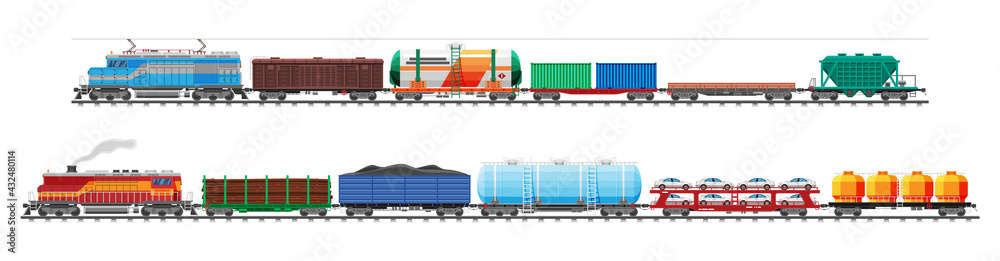 Set of train cargo wagons, cisterns, tanks and cars. Railroad freight ...