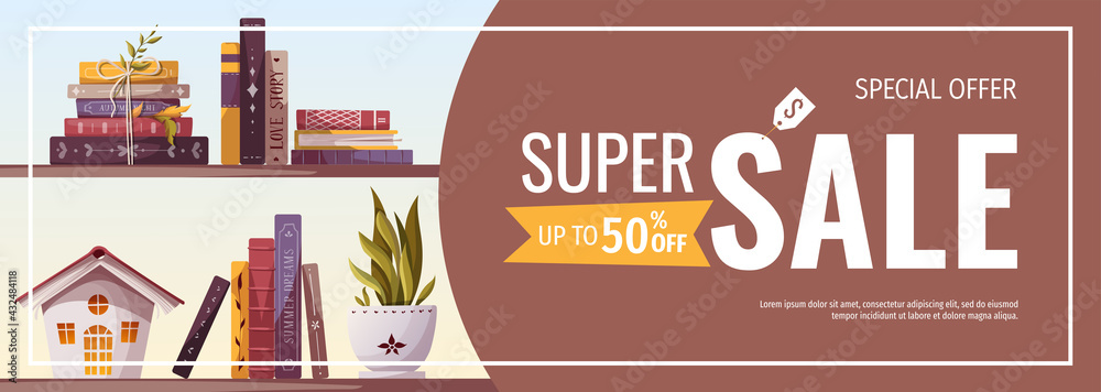Promo sale banner with books, decorative house, potted plant. Bookstore ...