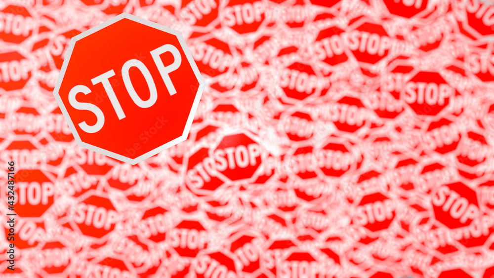 STOP traffic sign symbol on a background of red signs with out-of-focus ...