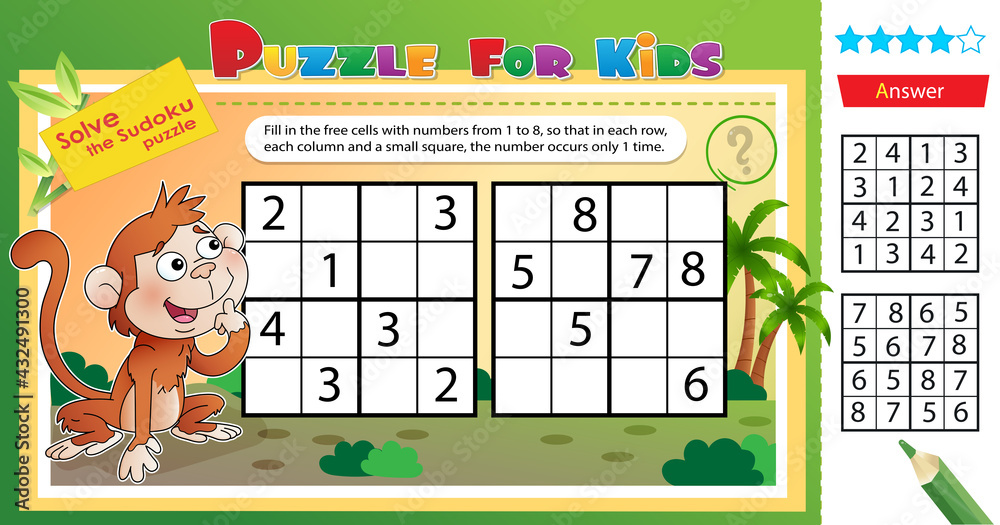 Solve the sudoku puzzle together with the little monkey. Logic puzzle ...