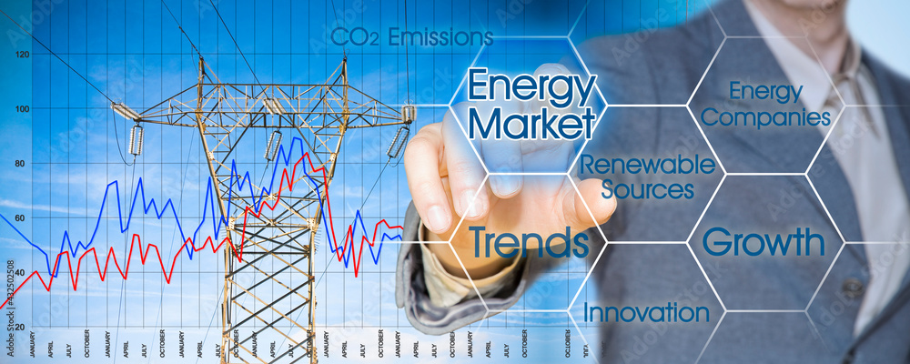 Graph about energy market and production - concept with power tower and ...