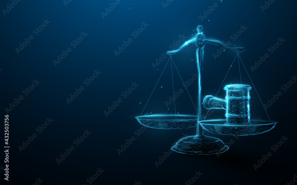 Scale icon Hammer of Justice in the Law and Justice. Low poly schemes ...