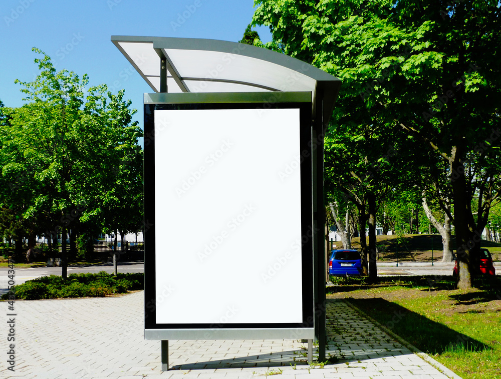 bus shelter at a busstop. blank billboard ad display. empty white ...