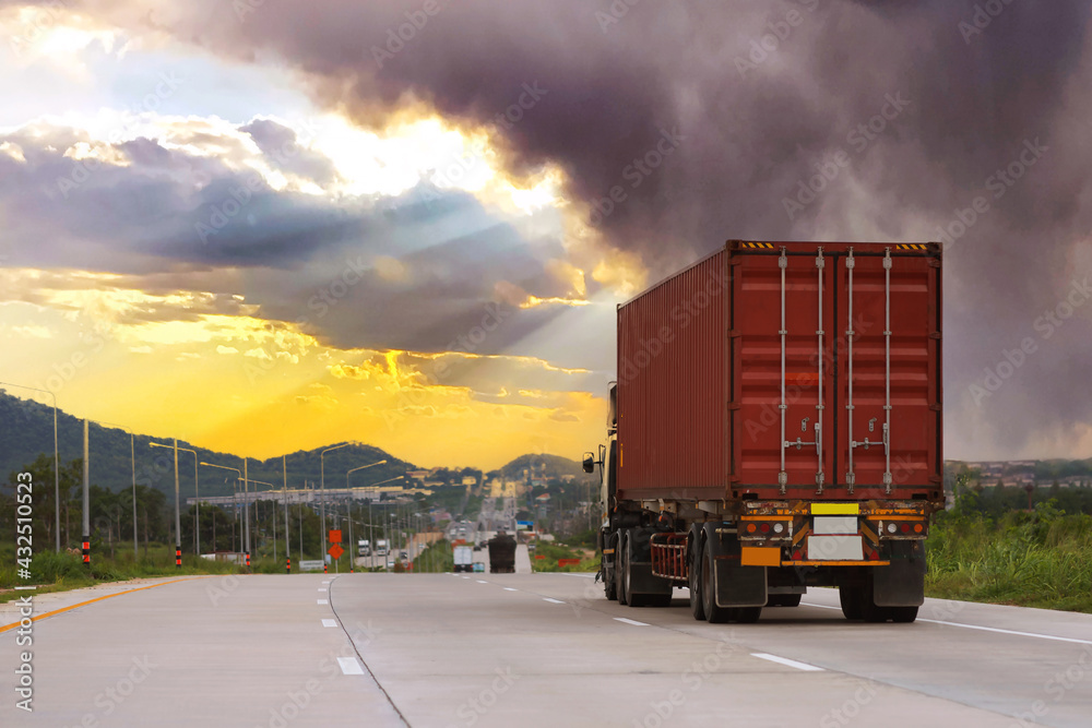 Truck on highway road with red container, transportation concept ...